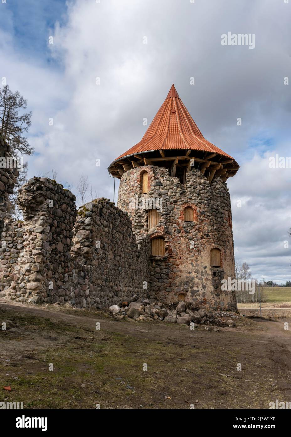 early spring landscape with a view of the castle ruins, the new bright ...