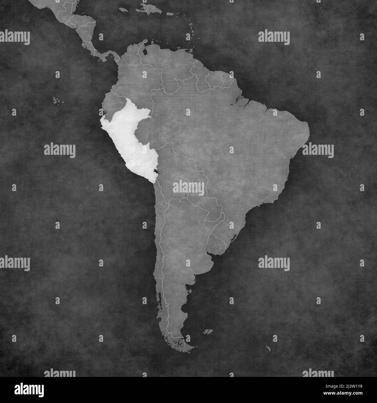 Peru on the map of South America. The map is in vintage black and white ...