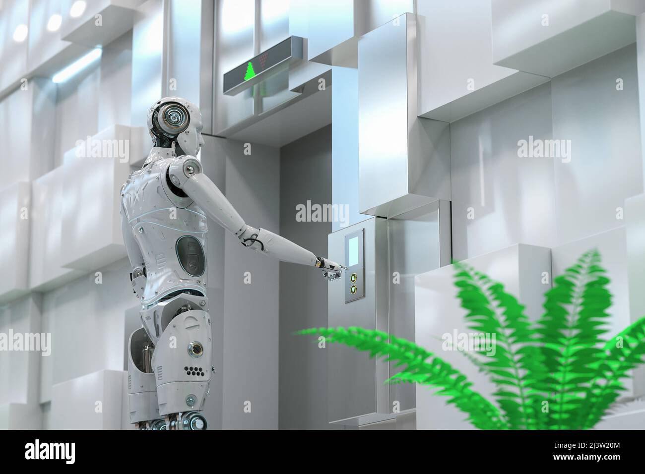 Automation elevator technology concept with 3d rendering cyborg hand ...