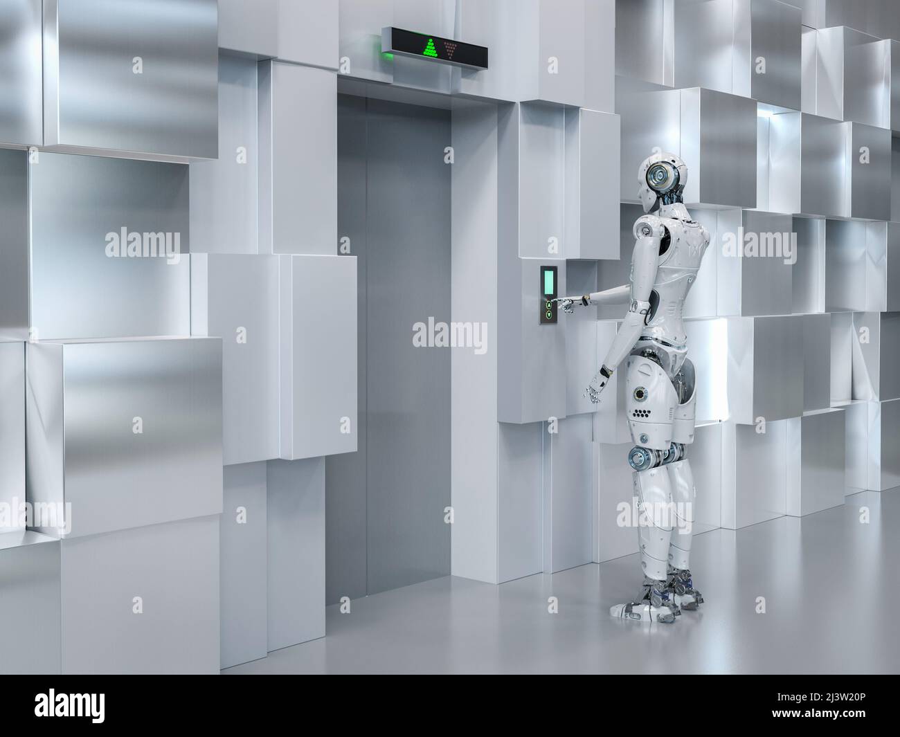 Automation elevator technology concept with 3d rendering cyborg hand ...