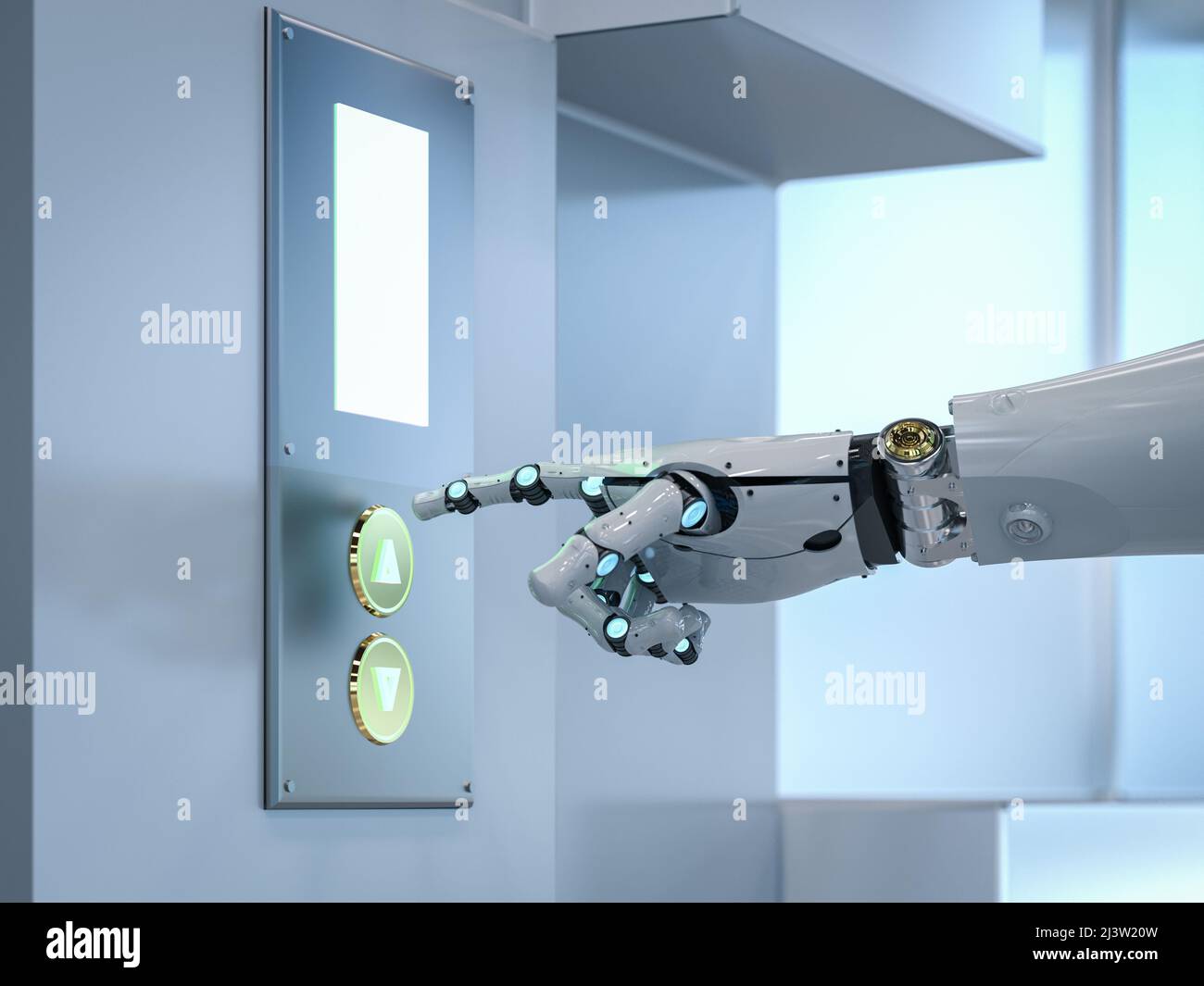 Automation elevator technology concept with 3d rendering cyborg hand ...