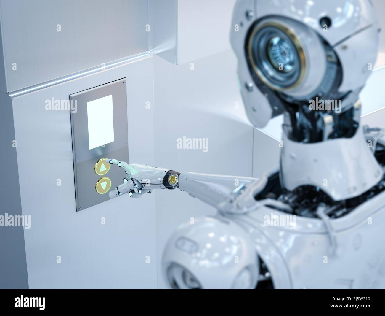 Automation technology concept with 3d rendering cyborg hand push power ...