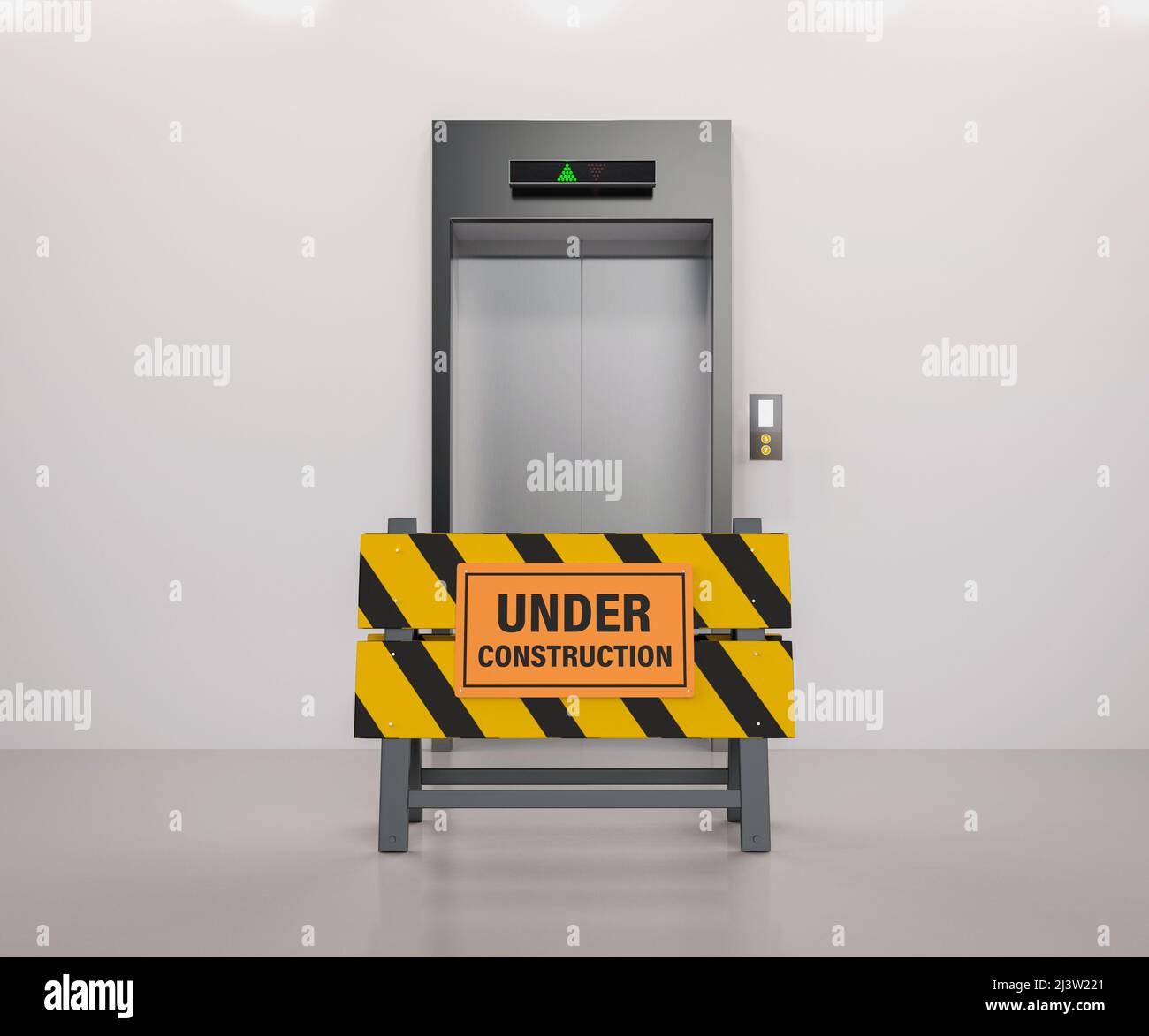3d rendering elevator or passenger lift with under construction sign ...