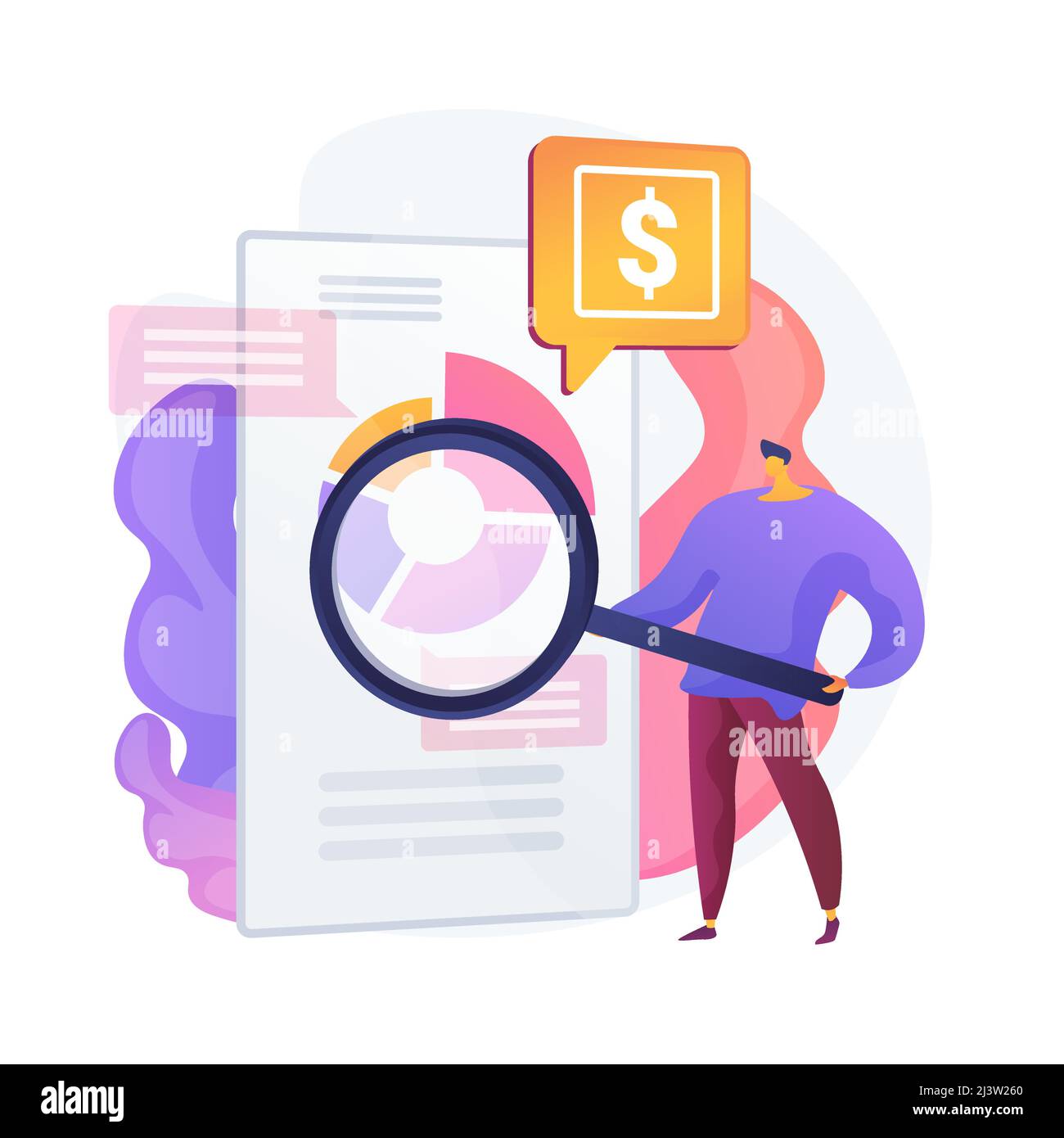 Financial analysis. Man cartoon character with magnifying glass ...