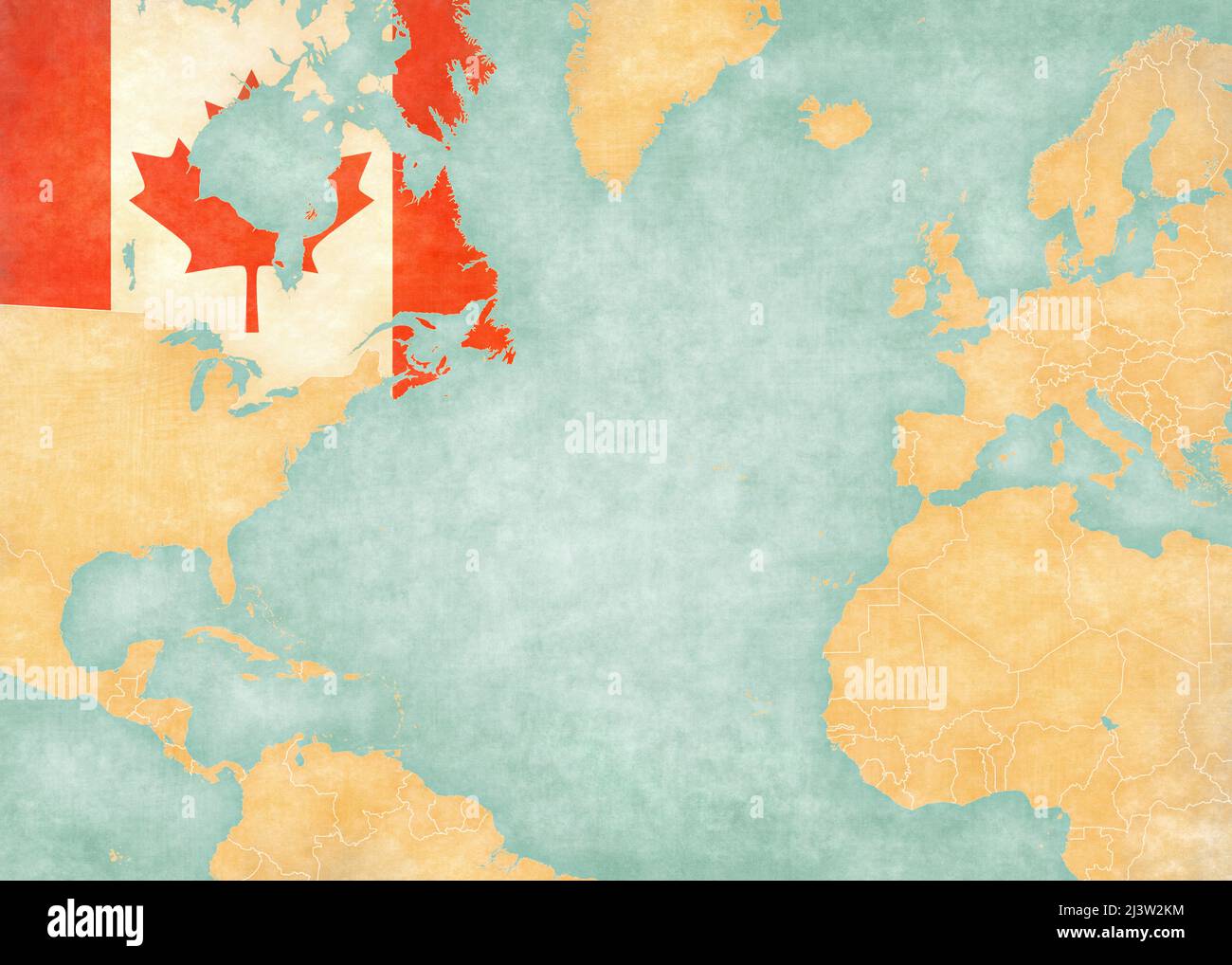Canada (Canadian flag) on the map of North Atlantic Ocean. The Map is ...