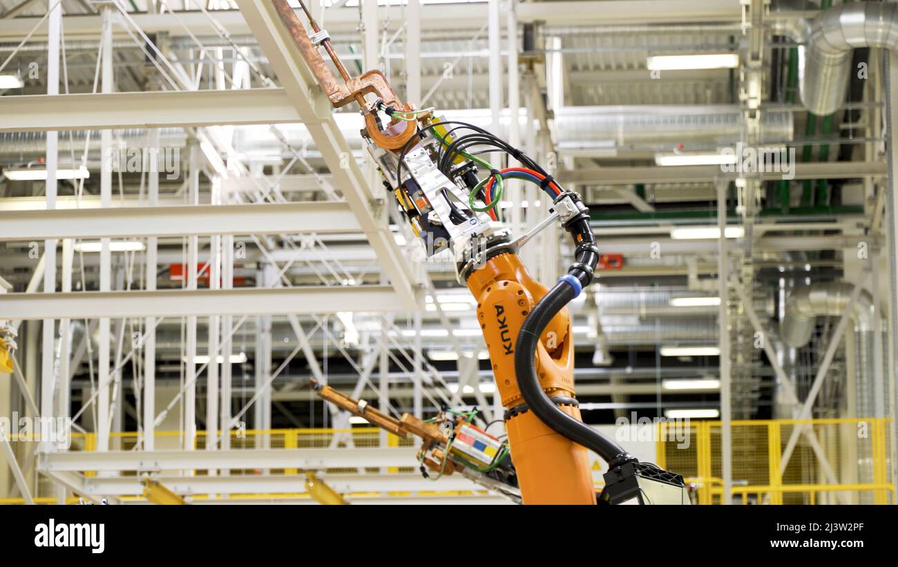 Robotic machine in industrial production. Scene. New equipment with ...