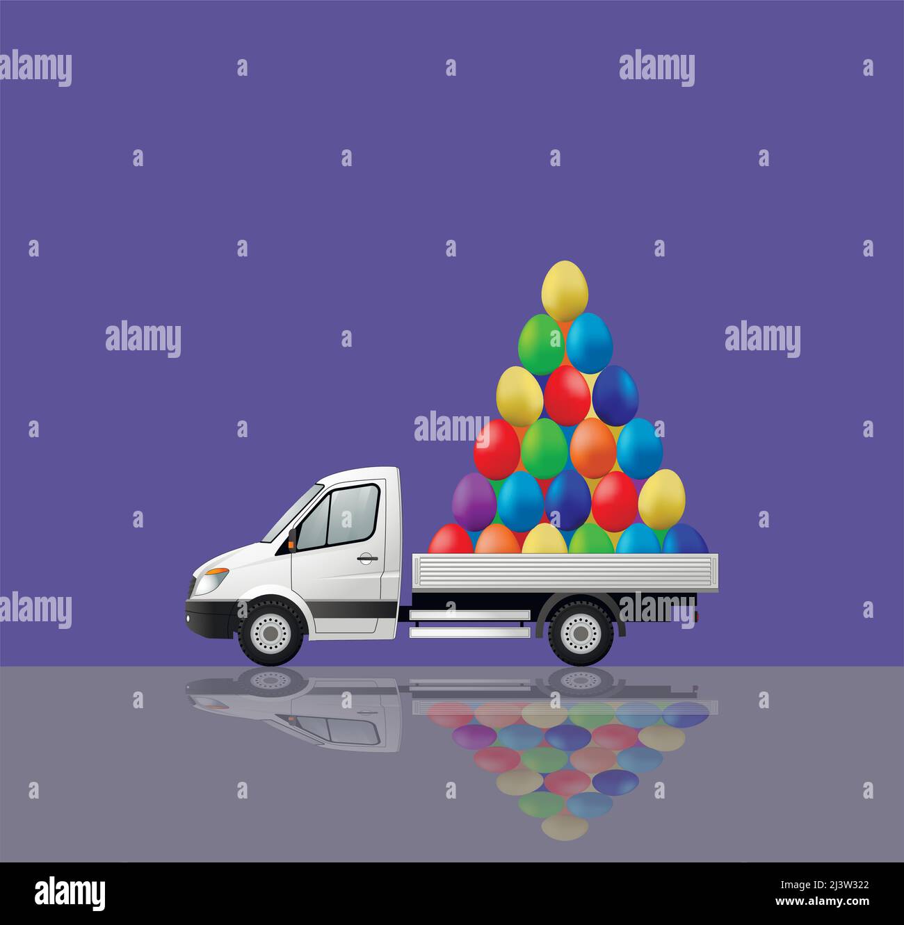 Happy easter. A cargo van carries a mountain of colored eggs for the ...