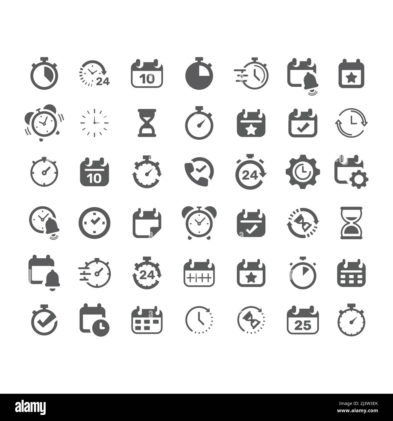 Clock, stopwatch black vector icon set. Chronometer, fast watch and 24 ...