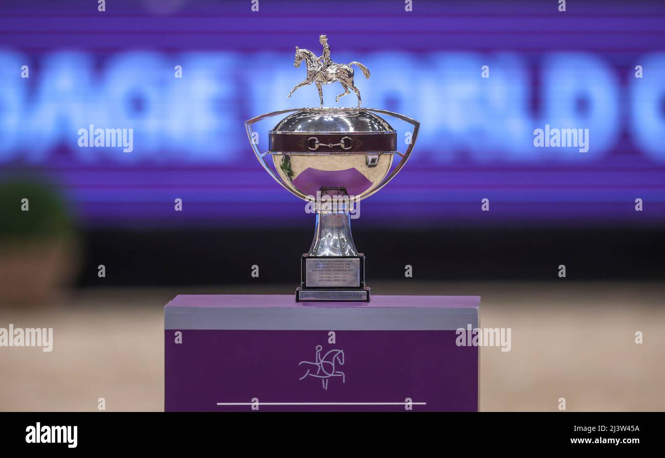 Leipzig, Germany. 09th Apr, 2022. The trophy for the Fei Dressage World ...