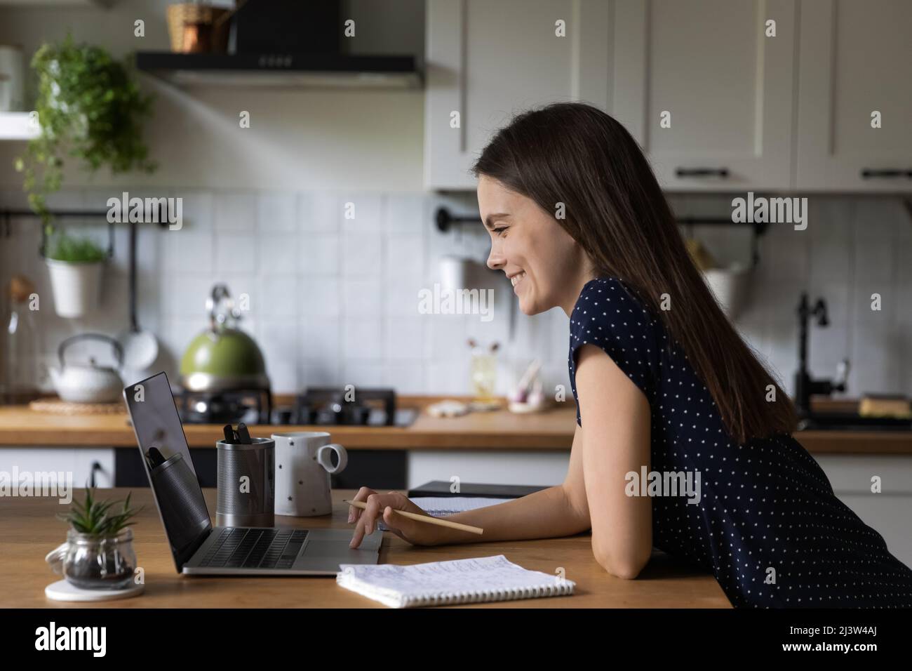 Woman studying on laptop standing lean at kitchen table Stock Photo - Alamy
