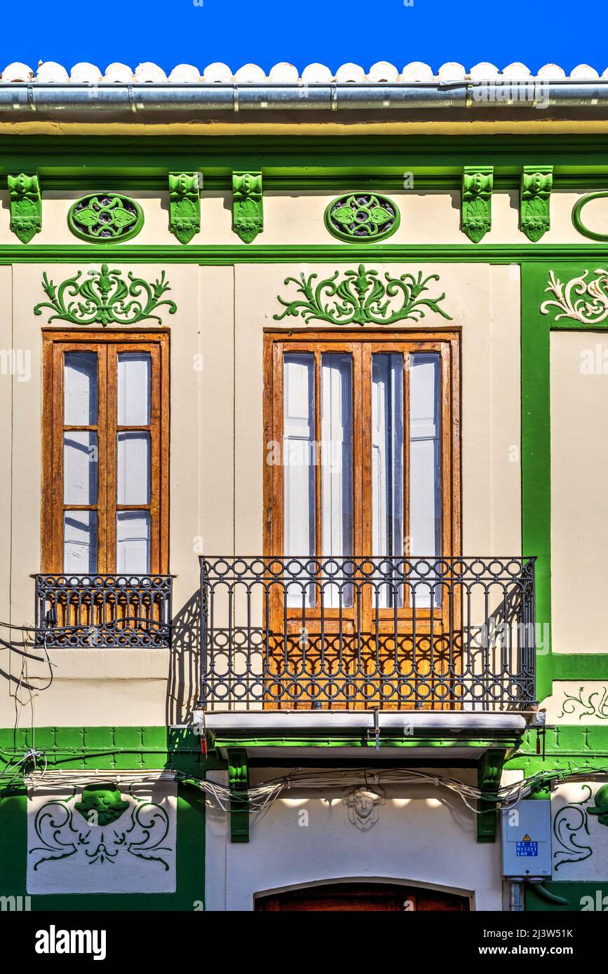 Colorful facade of traditional house in El Cabanyal neighborhood ...
