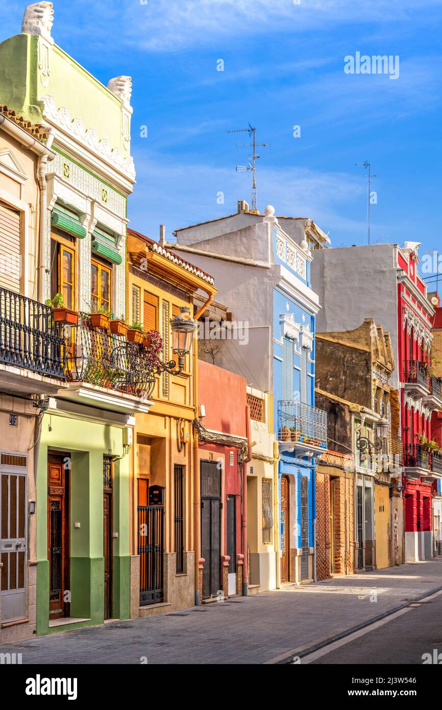 Colourful facades of traditional houses in El Cabanyal neighbourhood ...