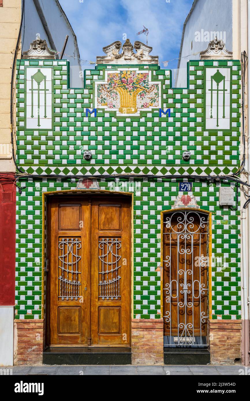 Colorful facade of traditional modernism house in El Cabanyal ...