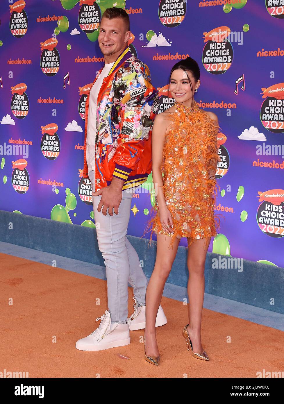 SANTA MONICA, CA - APRIL 09: (L-R) Rob Gronkowski and Miranda Cosgrove ...