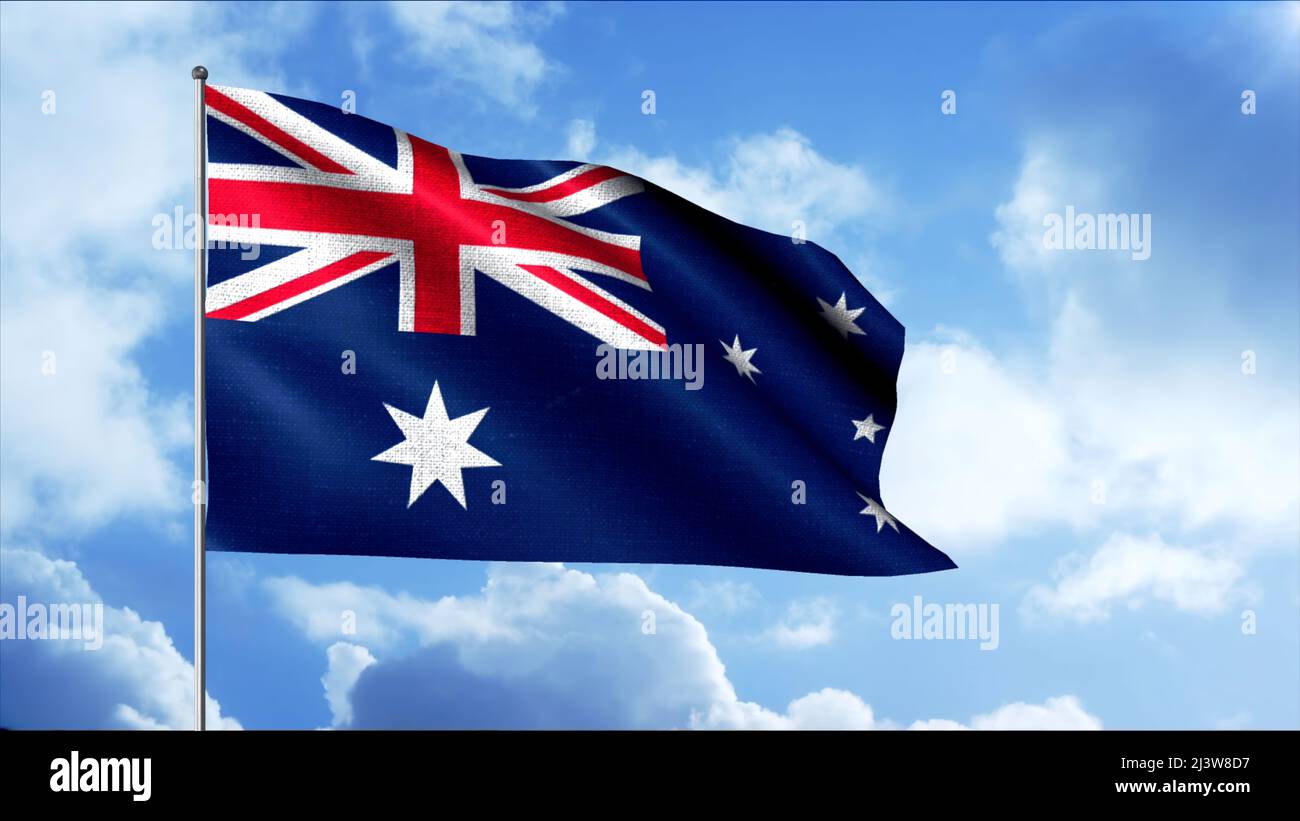 The Australian flag. Motion. A bright flag of a warm country is flying ...