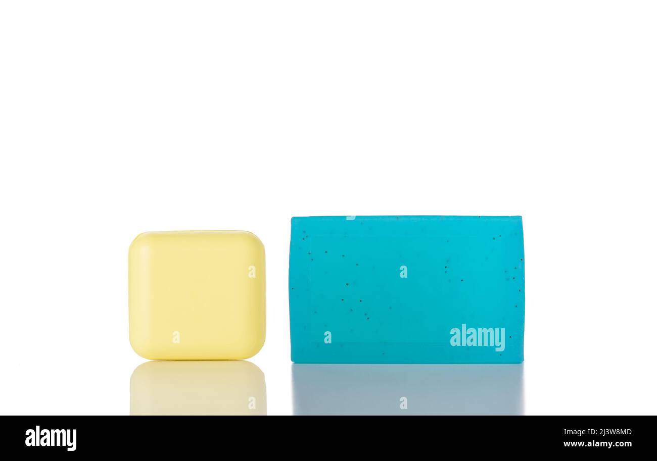 Yellow and Blue Bar of Natural Soaps Isolated on a White Background ...