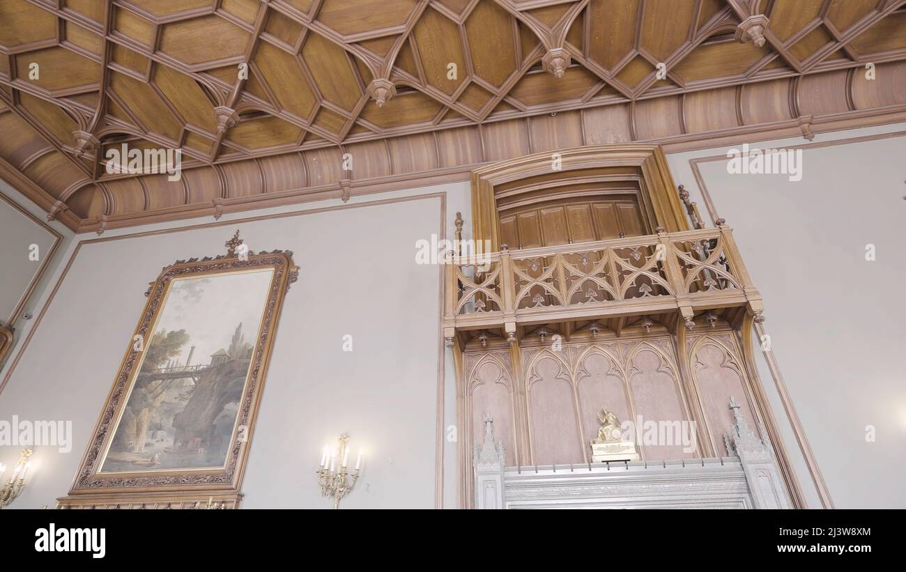Interior of old house with wooden ceilings. Action. Country old house ...