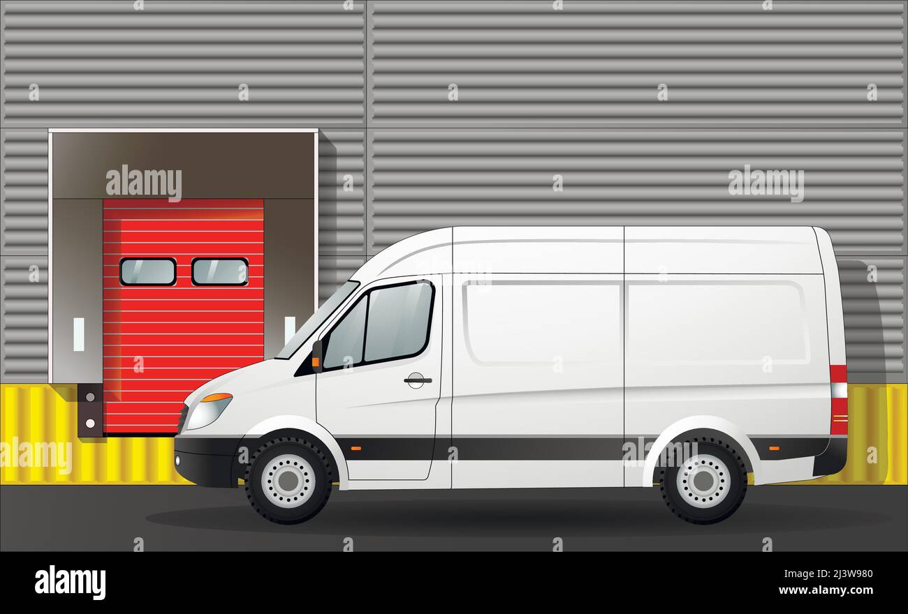 Van cargo van at the gate of a warehouse logistics center, close-up ...