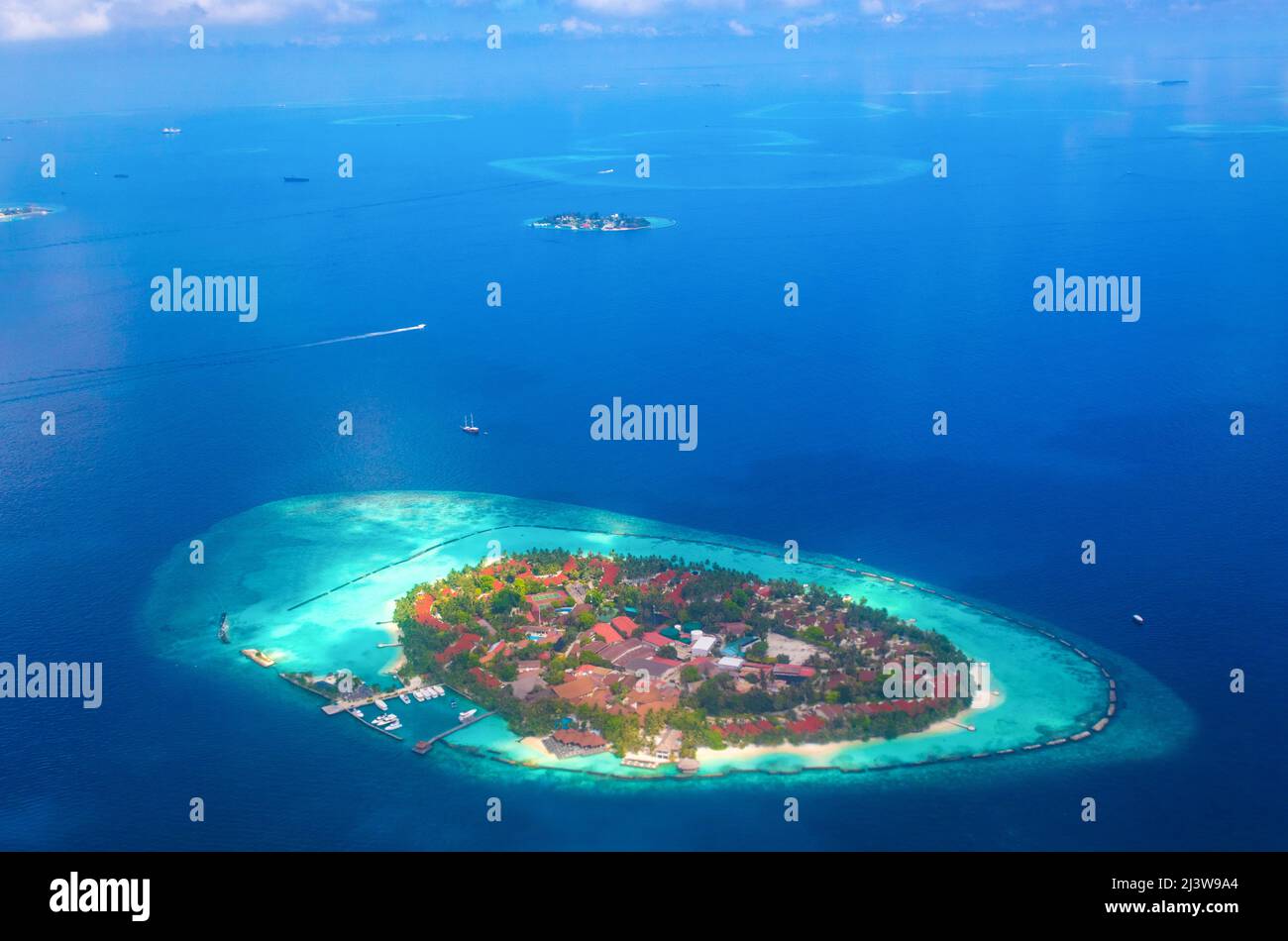 Aerial view of Laccadive Sea with Dhoonidhoo island near the capital ...