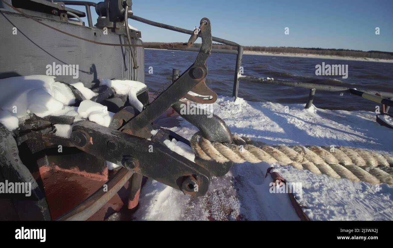 Large barge at the North Pole. CLIP. In the foreground Rope with ...