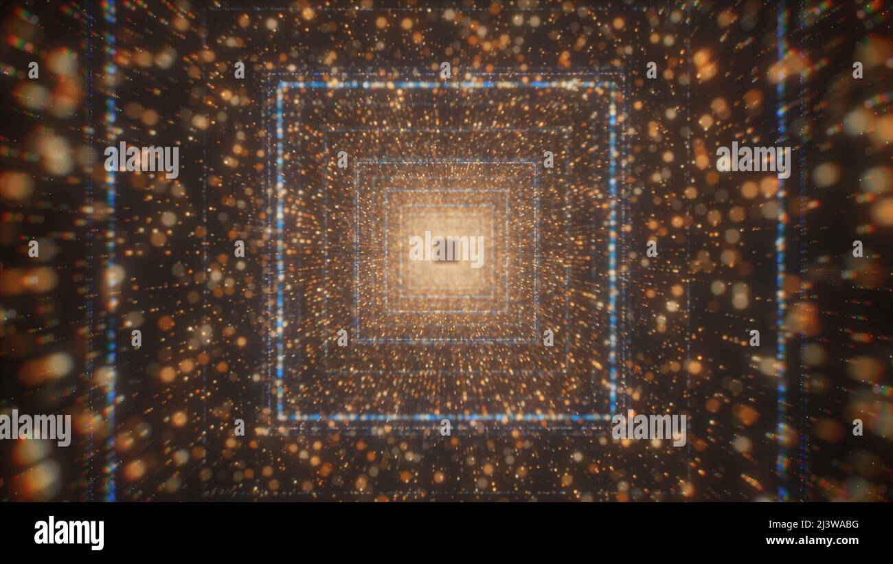 Square corridor with glowing particles. Motion. Cosmic corridor with ...