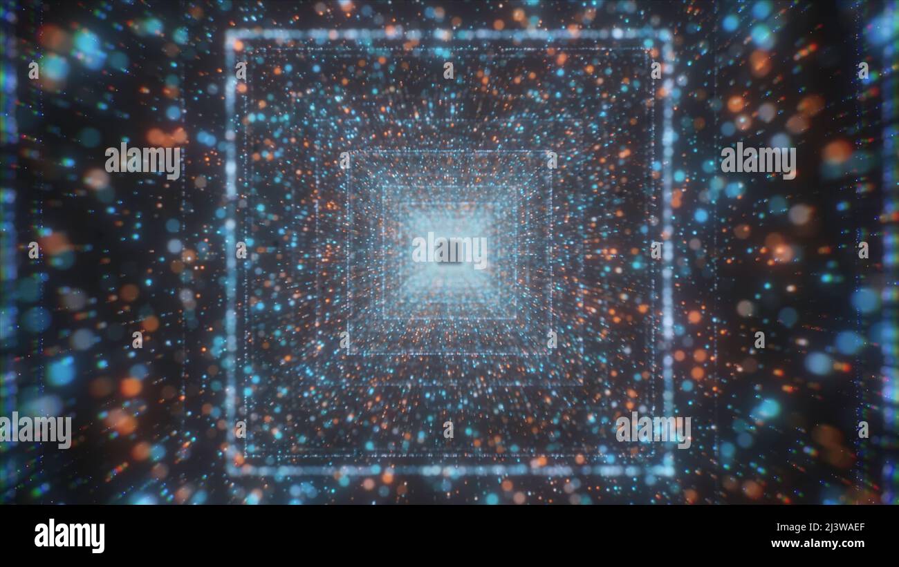 Virtual corridor with square lines and bright particles. Motion ...