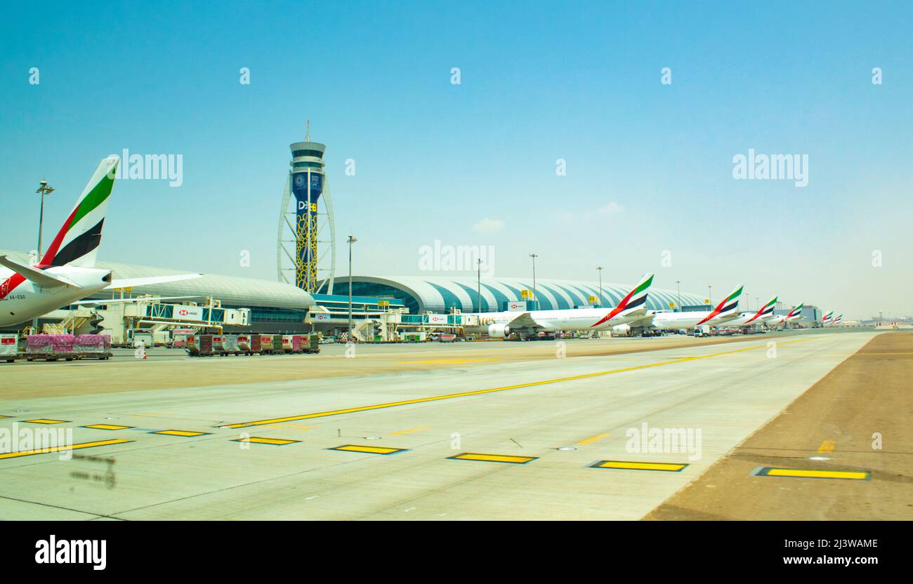 View of Dubai International Airport runway,UAE with Terminal 3 of Dubai ...
