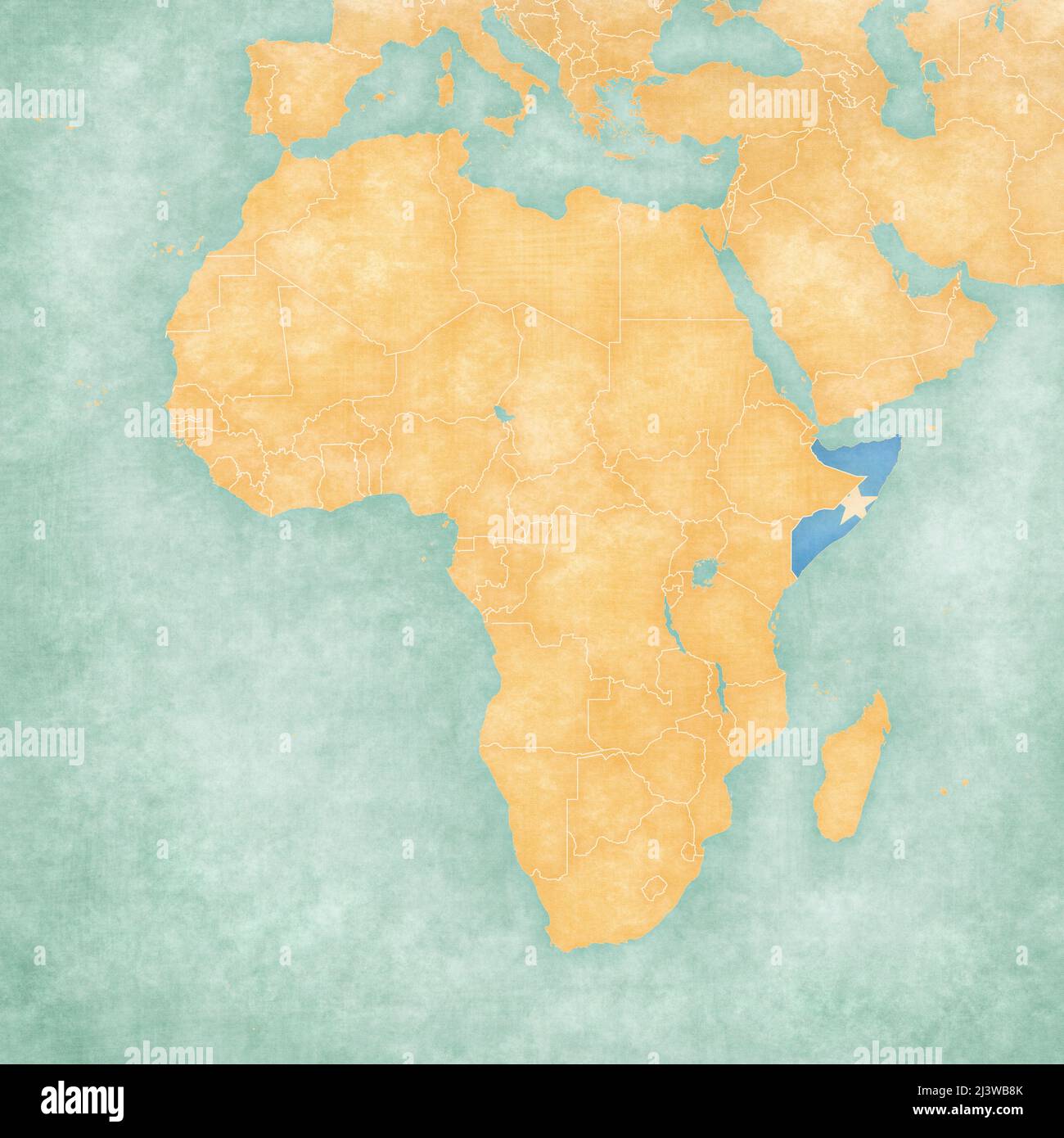 Somalia (Somali flag) on the map of Africa. The map is in soft grunge ...