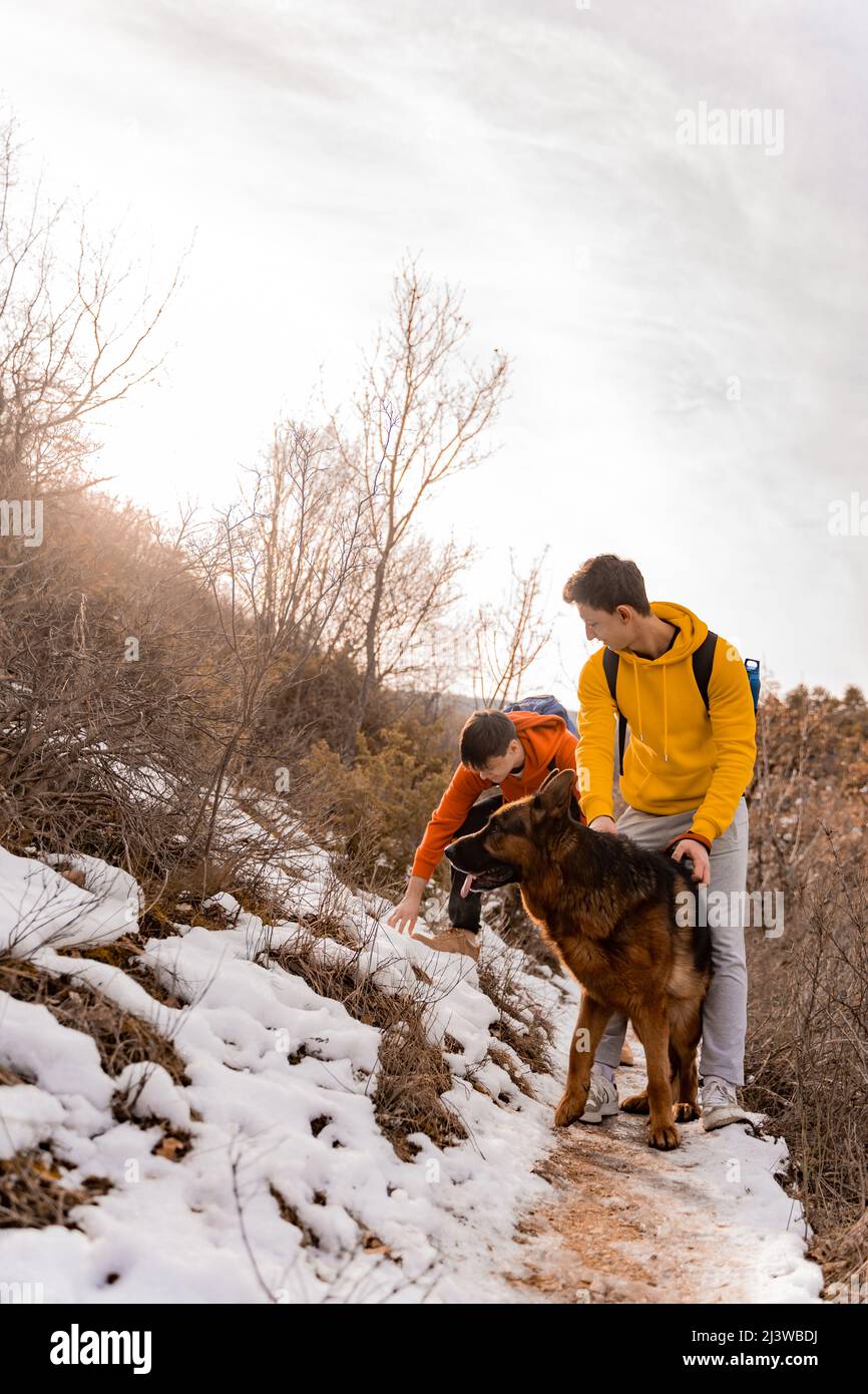 Amazing and handsome male friends are walking with the dog together on ...