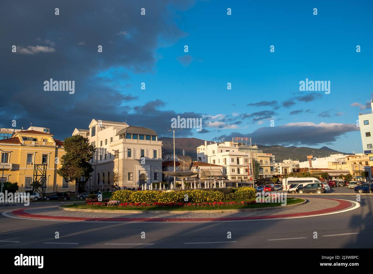 Roundabout in the entrance of the city of Volos with a beautiful ...