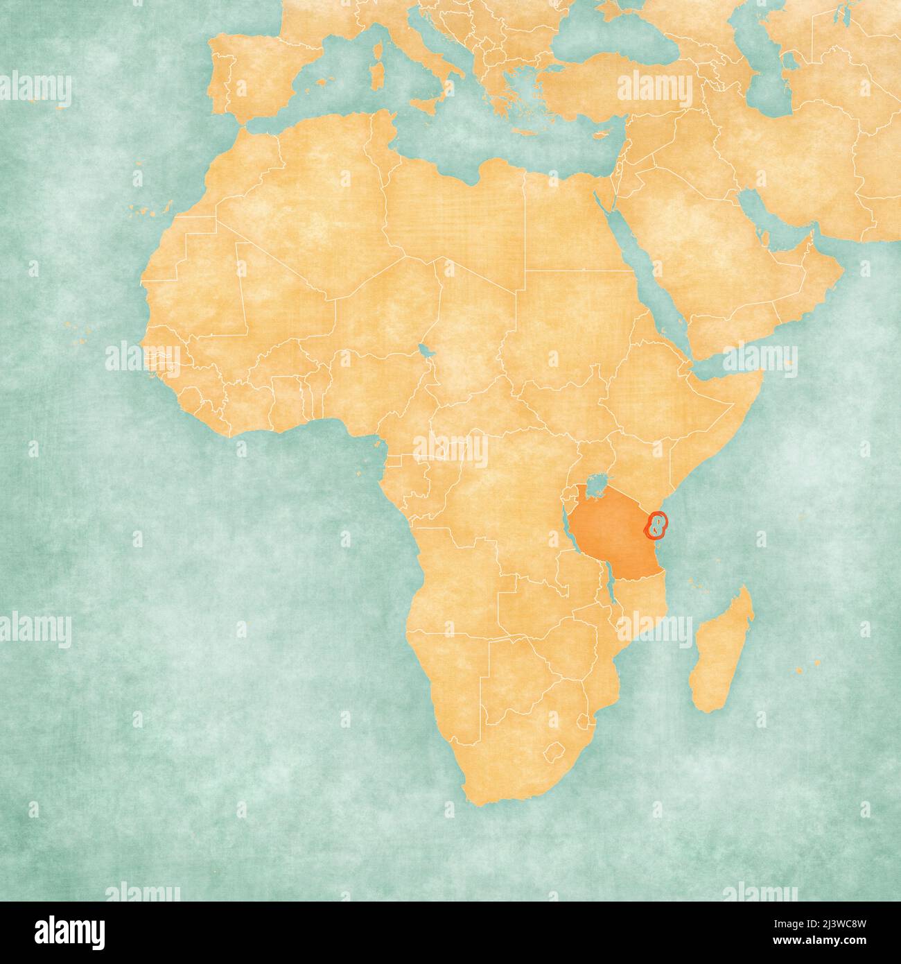 Zanzibar (part of Tanzania) on the map of Africa. The map is in soft ...