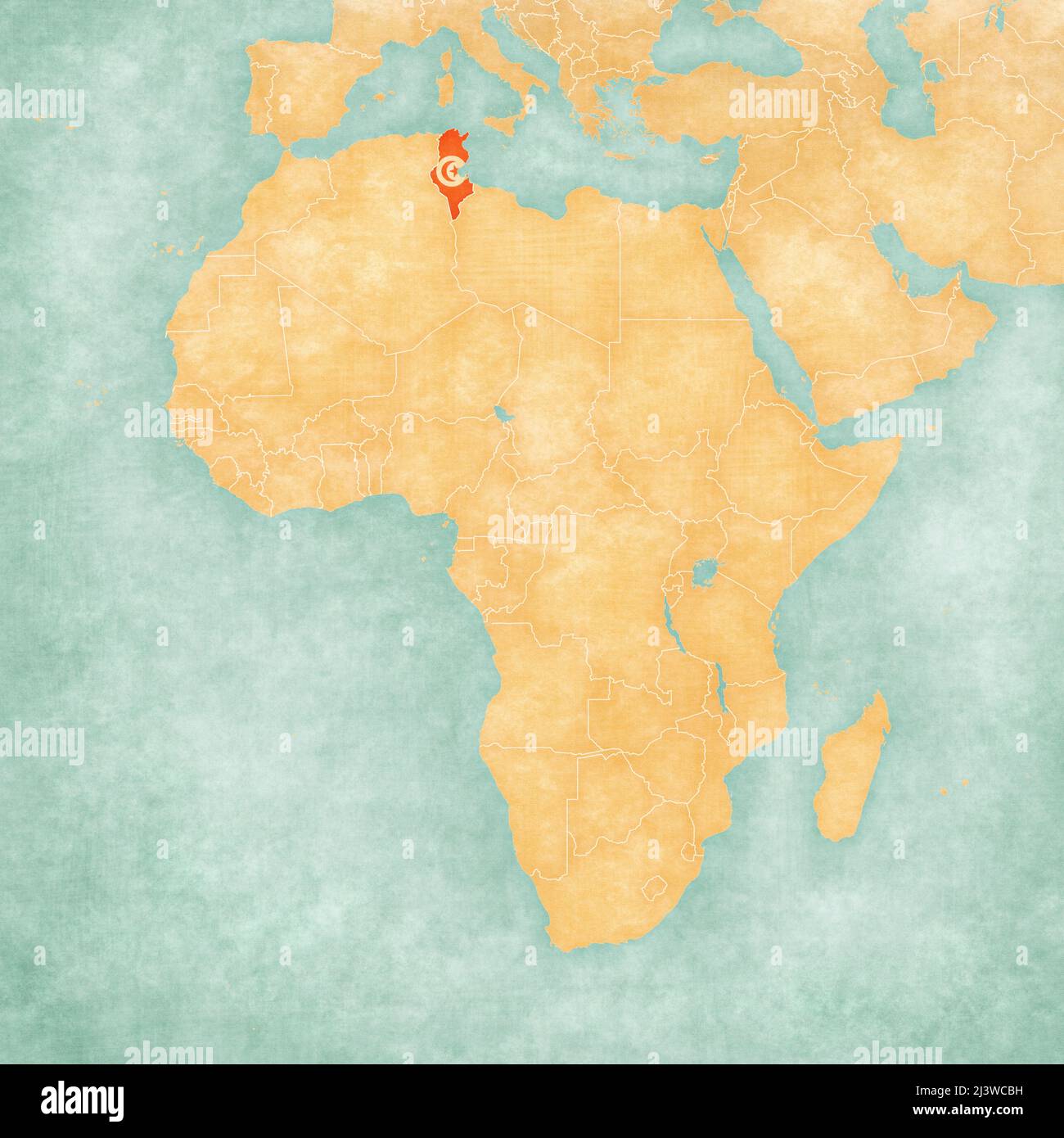 Tunisia (Tunisian flag) on the map of Africa. The map is in soft grunge ...