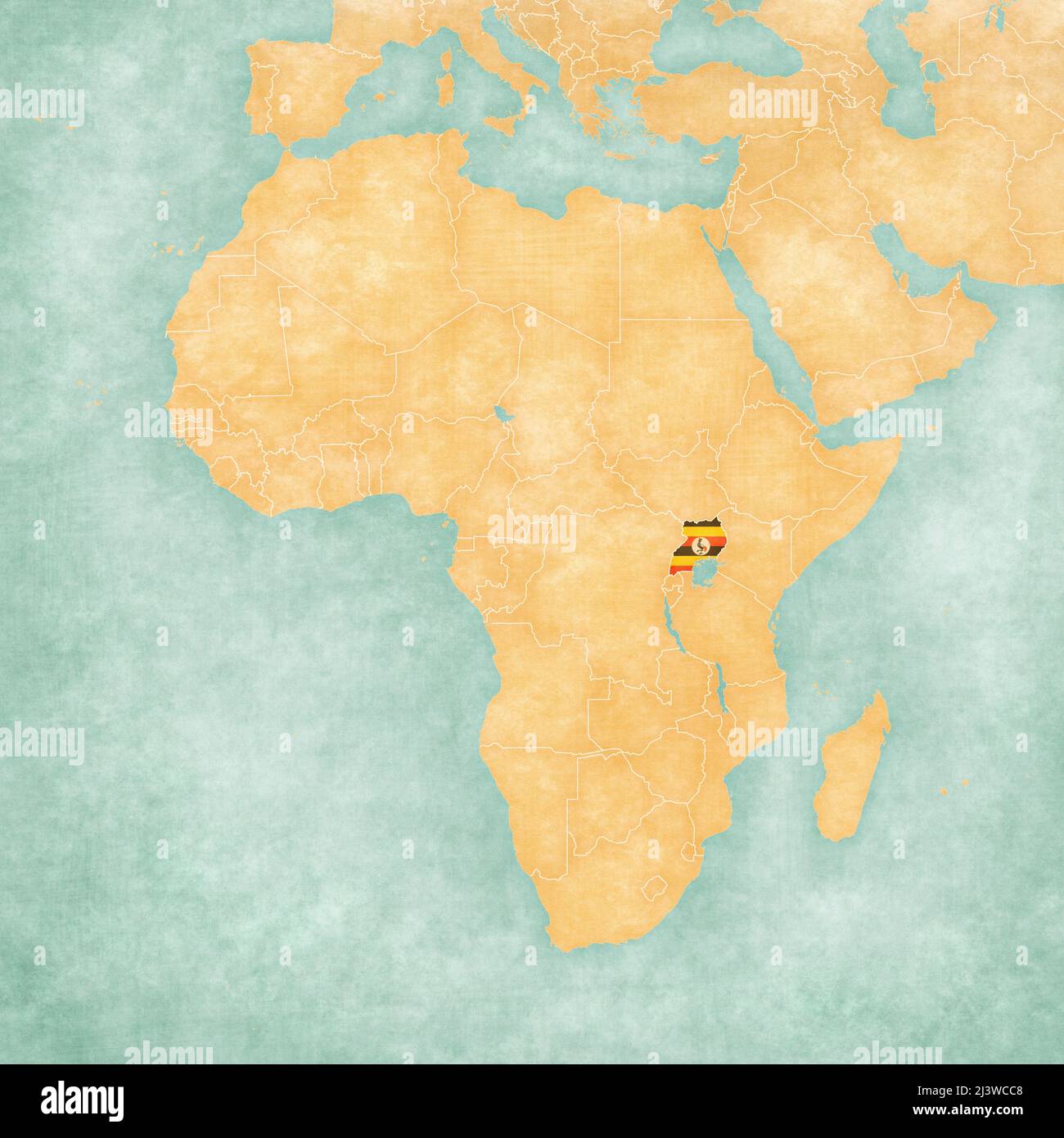 Uganda (Ugandan flag) on the map of Africa. The map is in soft grunge ...