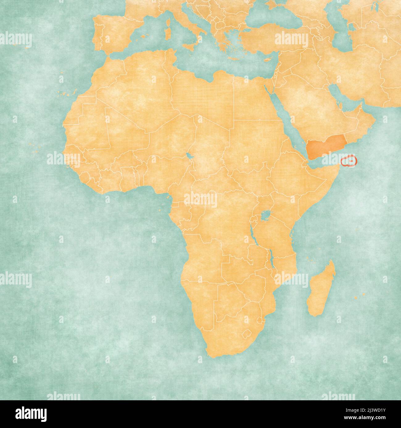 Socotra (Yemen flag) on the map of Africa. The map is in soft grunge ...