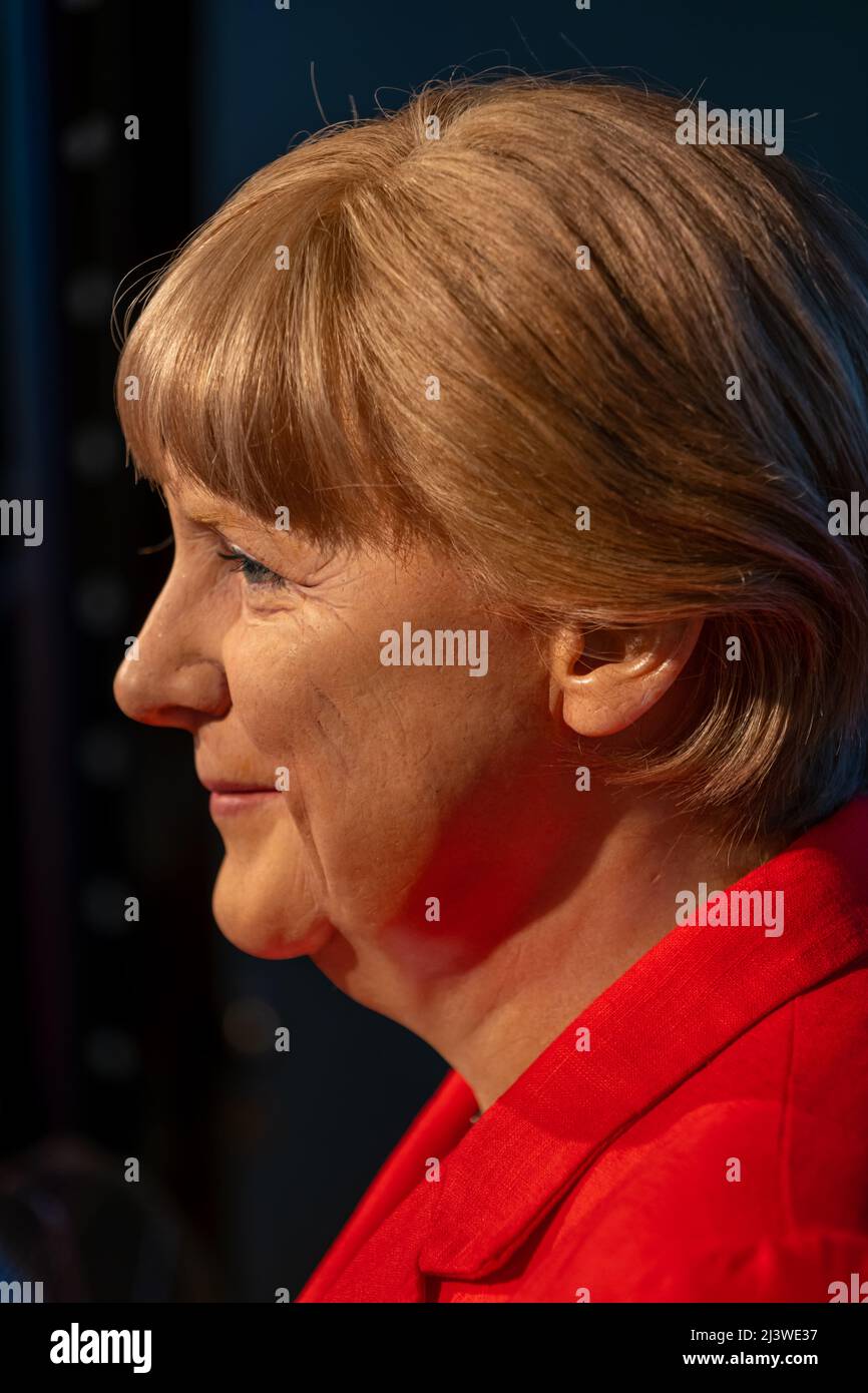Angela Merkel wax figure side portrait, former German chancellor in ...