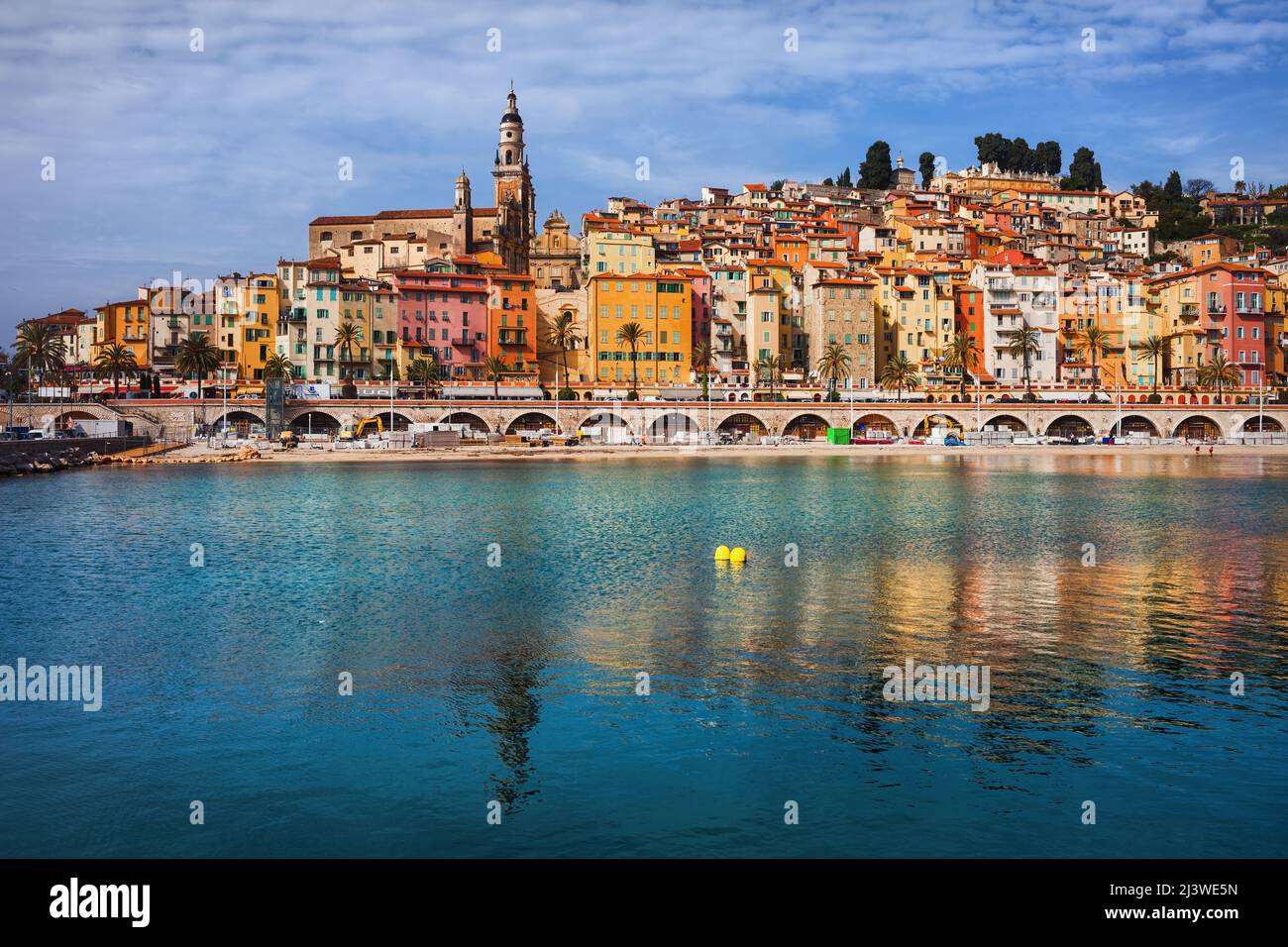 Old Town of Menton in France, sea bay and skyline on French Riviera ...