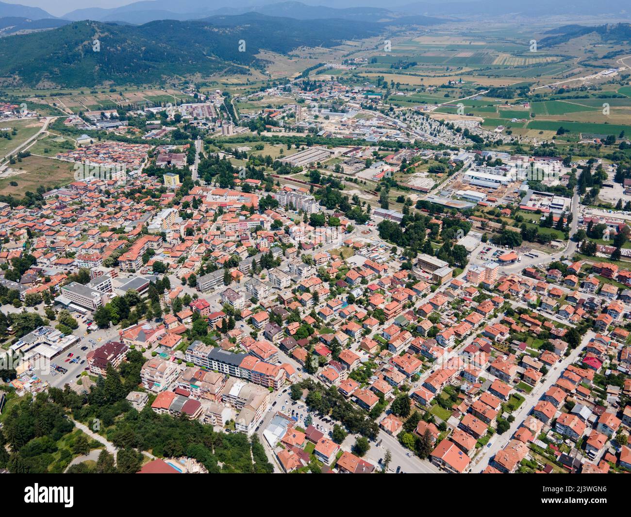 Aerial view of famous spa resort of Velingrad, Pazardzhik region ...