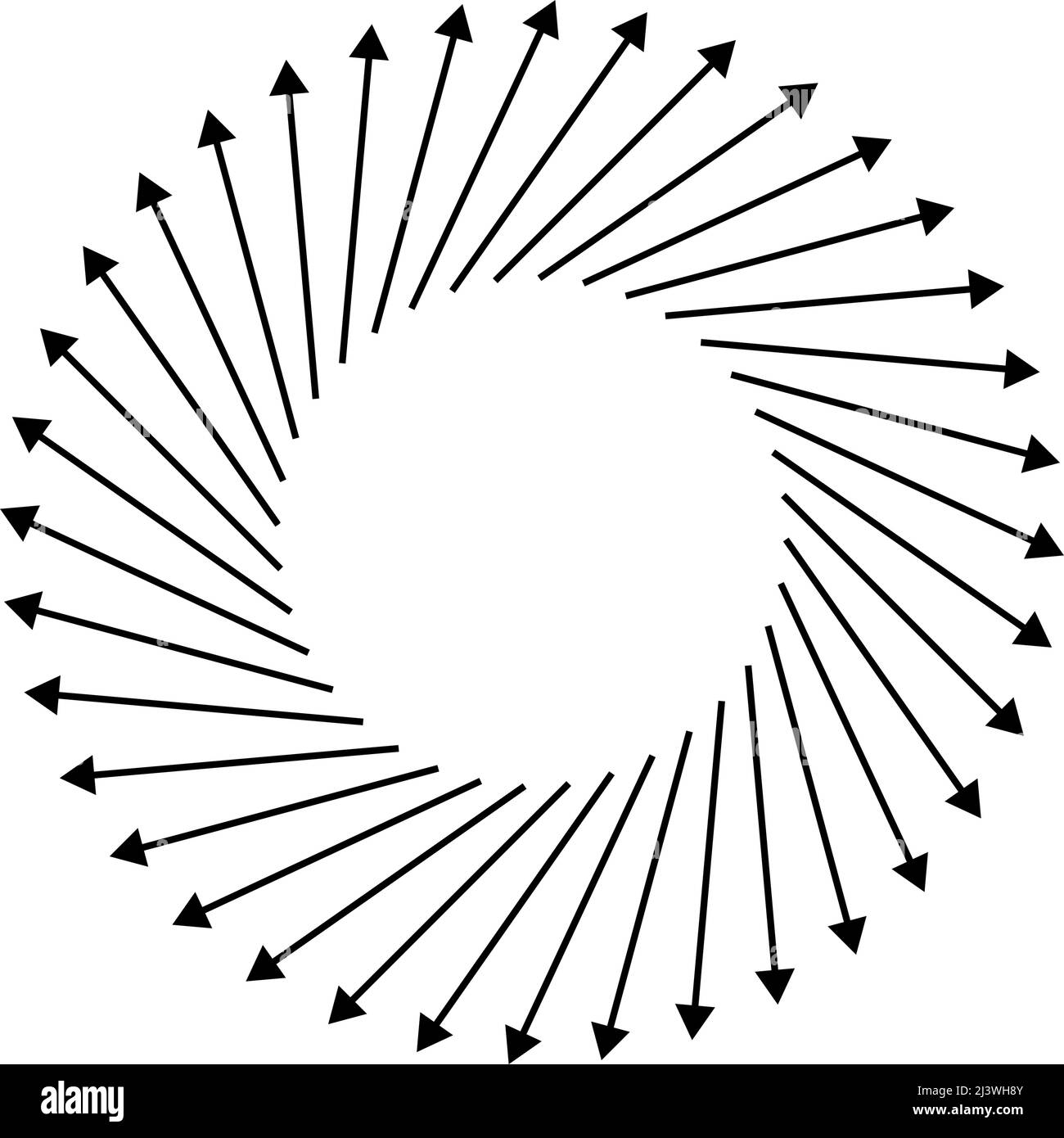 Outward spiral, swirl, twirl arrows, pointers. Rotation, cycle, recycle ...