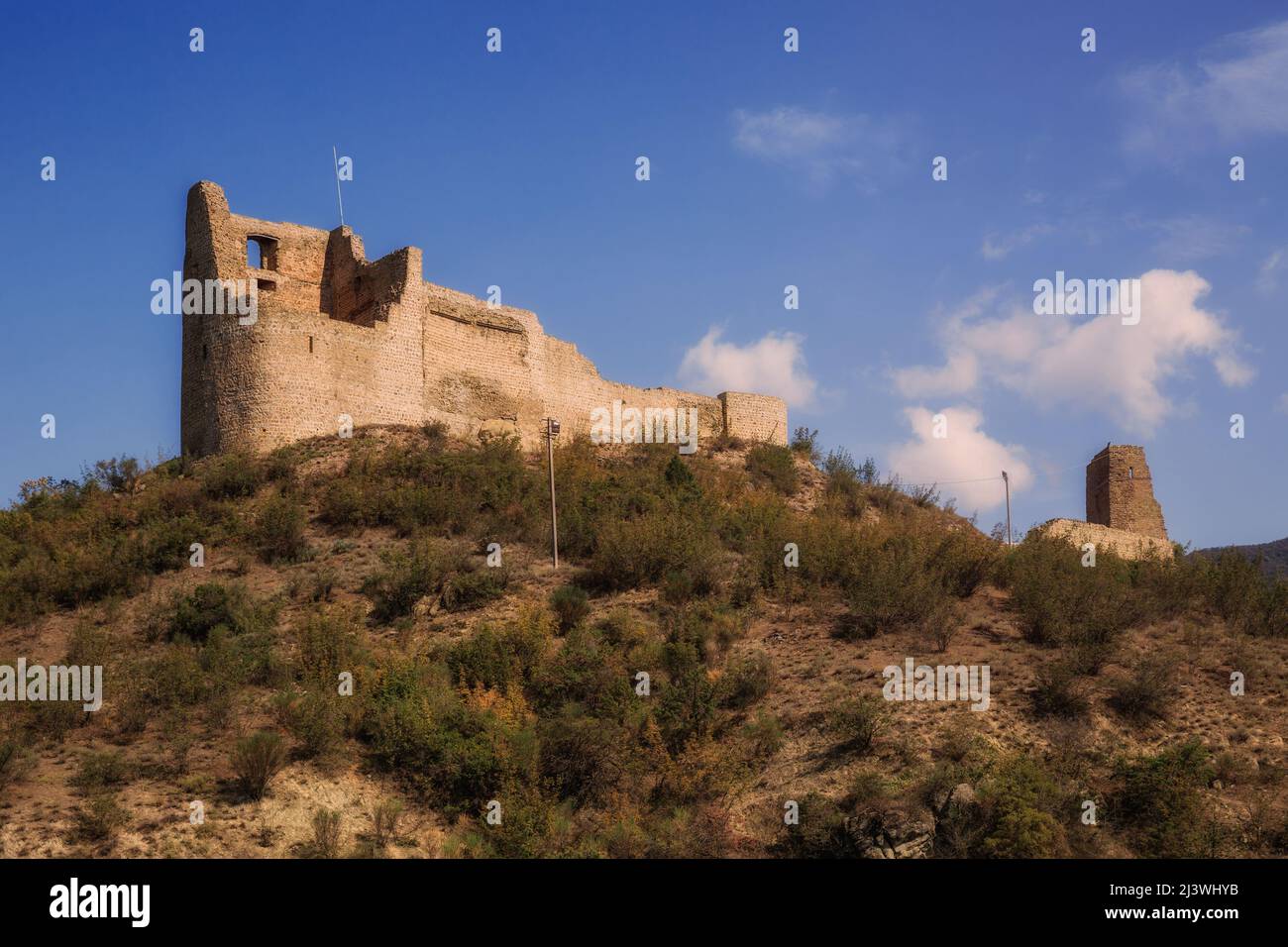 Ruins of the ancient fortress of Bebris tsikhe above the Aragvi River ...