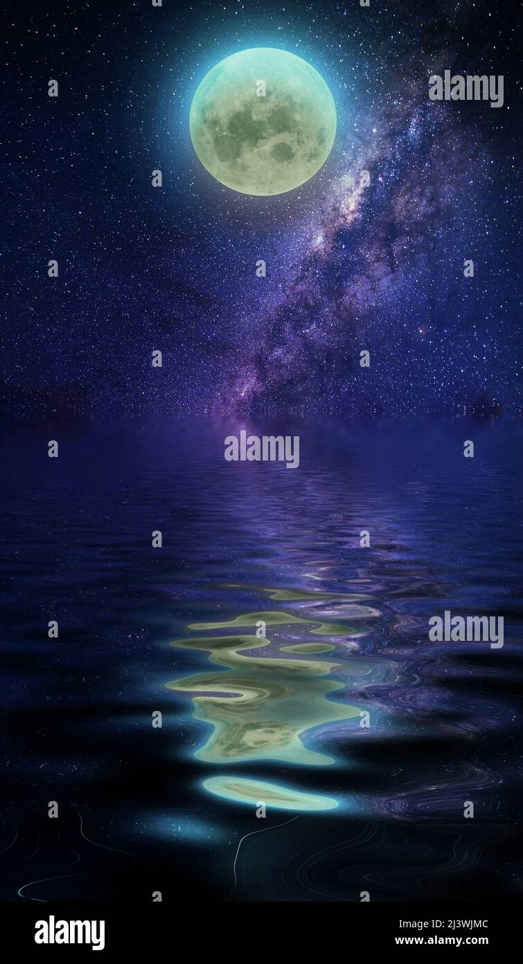 beautiful lunar landscape milky way reflection in the water sea ocean ...
