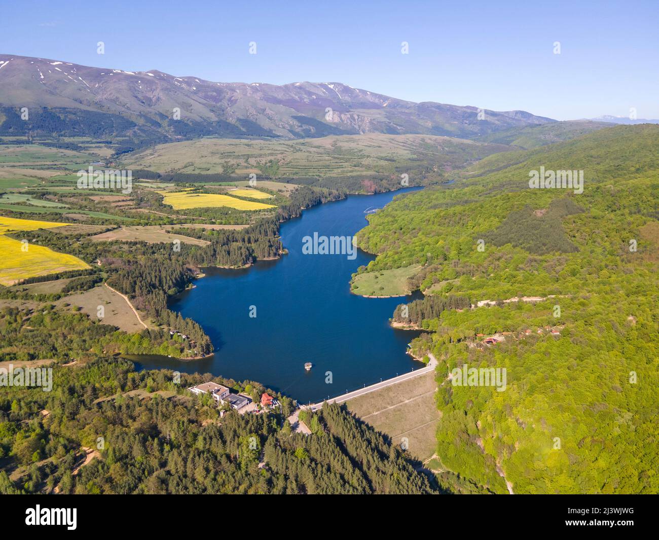 Aerial view of Dushantsi Reservoir, Sredna Gora Mountain, Sofia Region ...