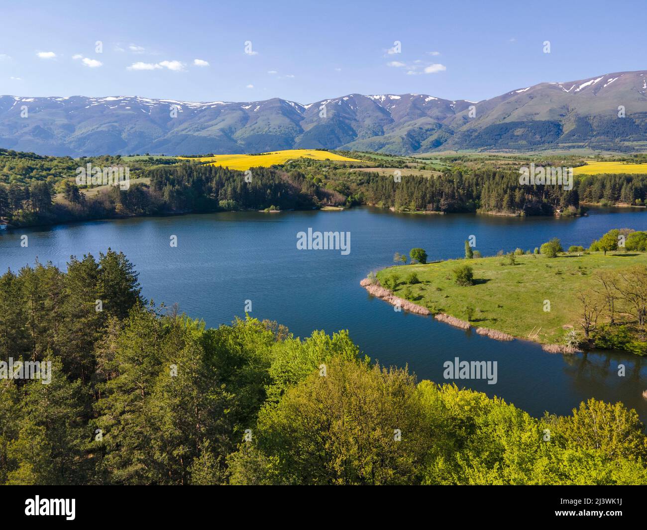 Aerial view of Dushantsi Reservoir, Sredna Gora Mountain, Sofia Region ...