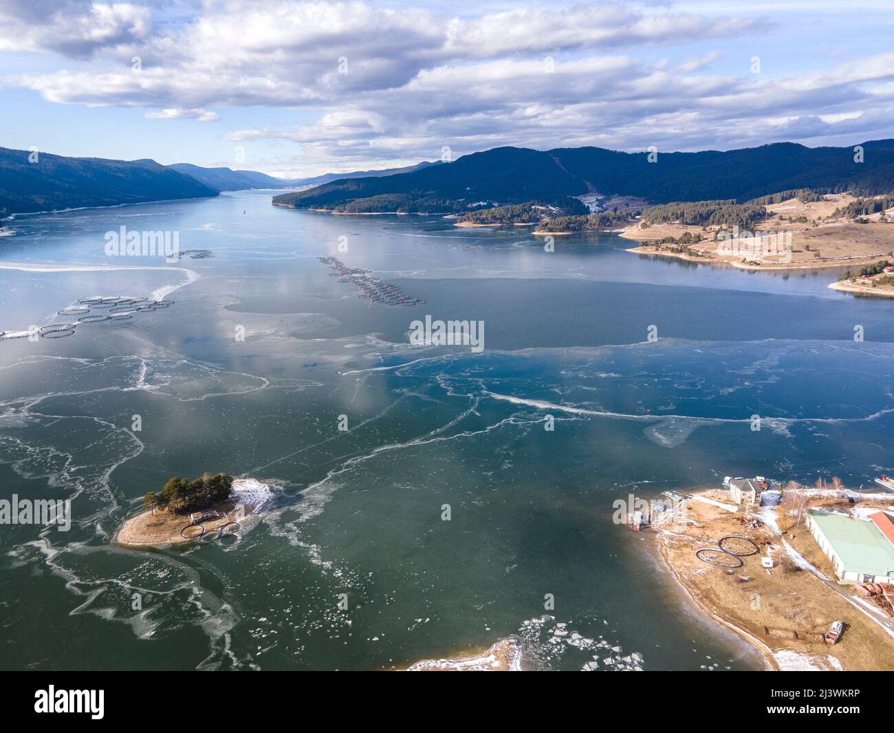 Aerial view of Dospat Reservoir, Smolyan Region, Bulgaria Stock Photo ...