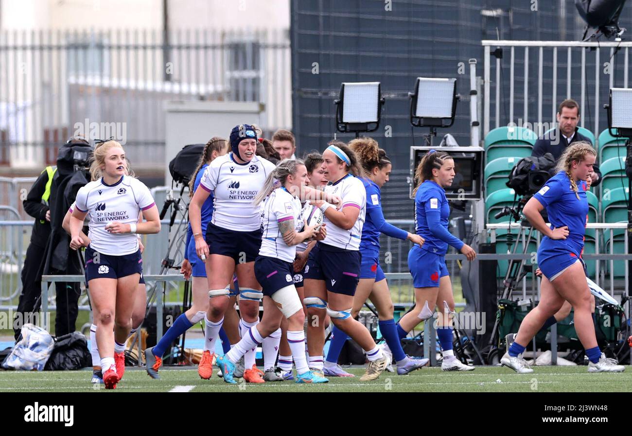 Scotland's Chloe Rollie celebrates scoring her sides first try during ...