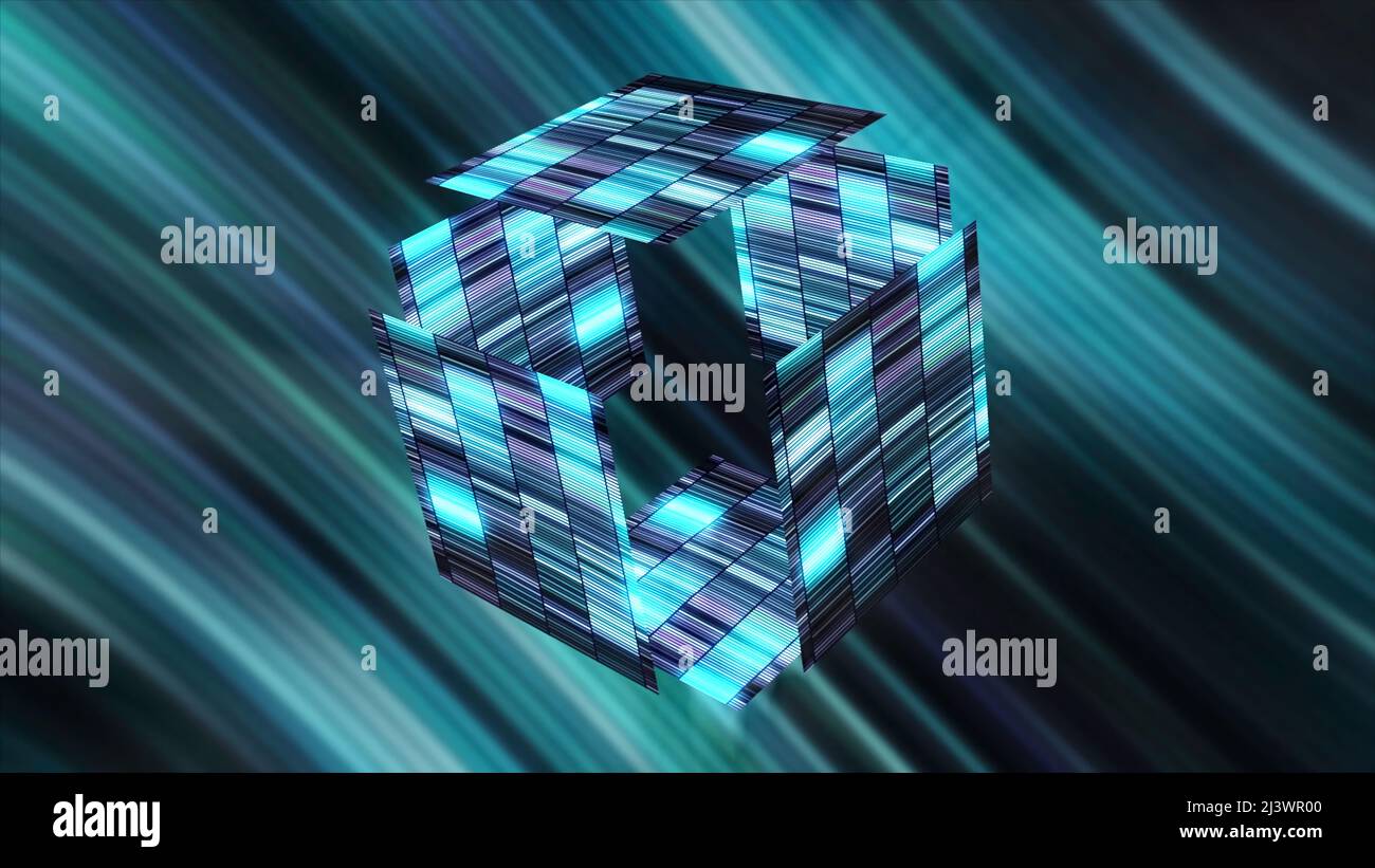 Glowing striped cube in cyberspace. Motion. Shining colorful cube is ...