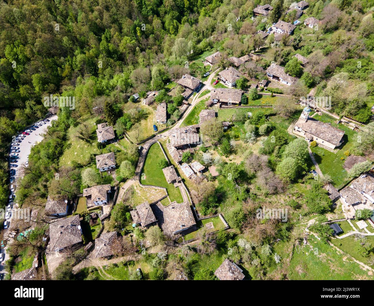 Aerial Spring view of village of Bozhentsi, Gabrovo region, Bulgaria ...