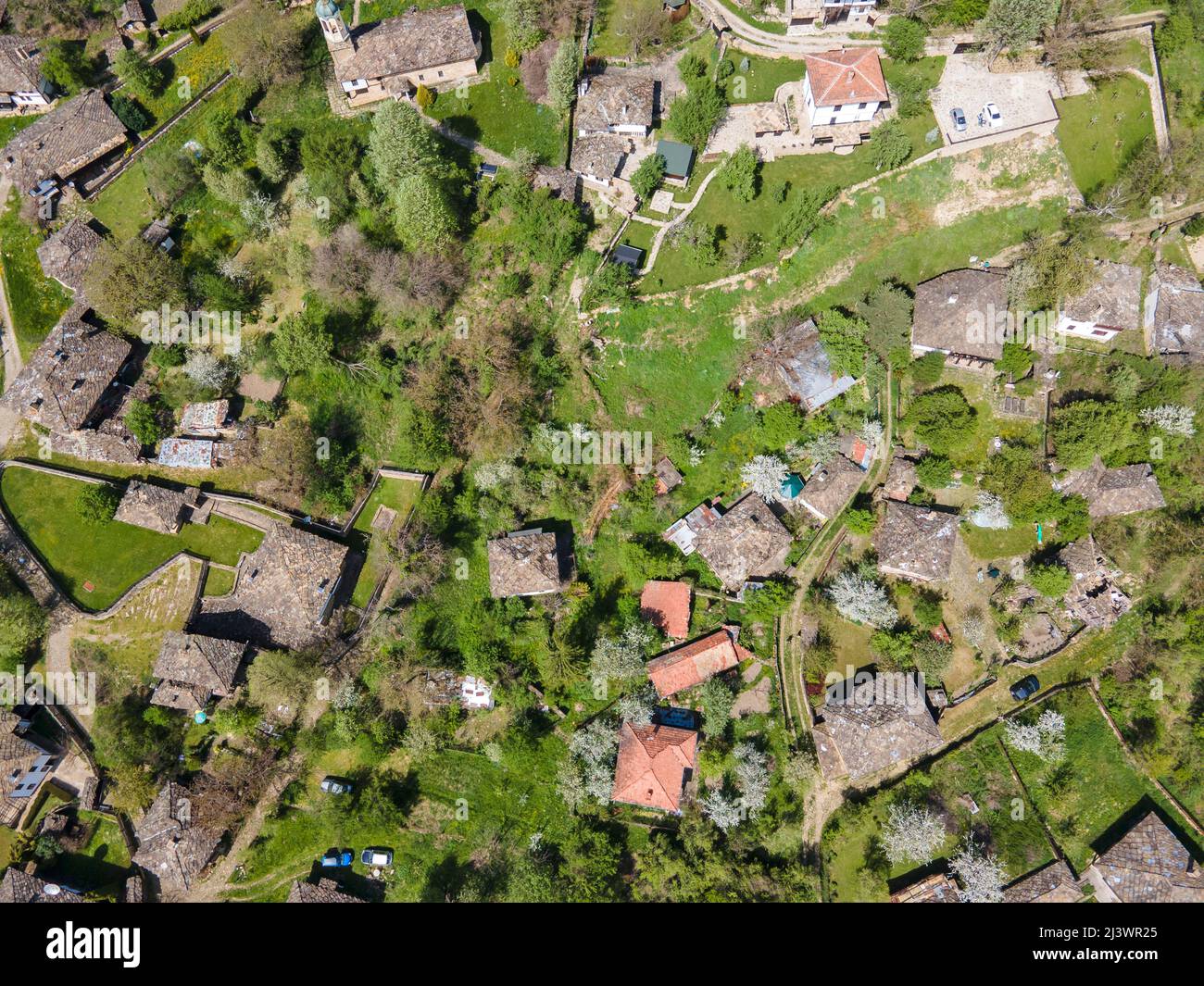 Aerial Spring view of village of Bozhentsi, Gabrovo region, Bulgaria ...