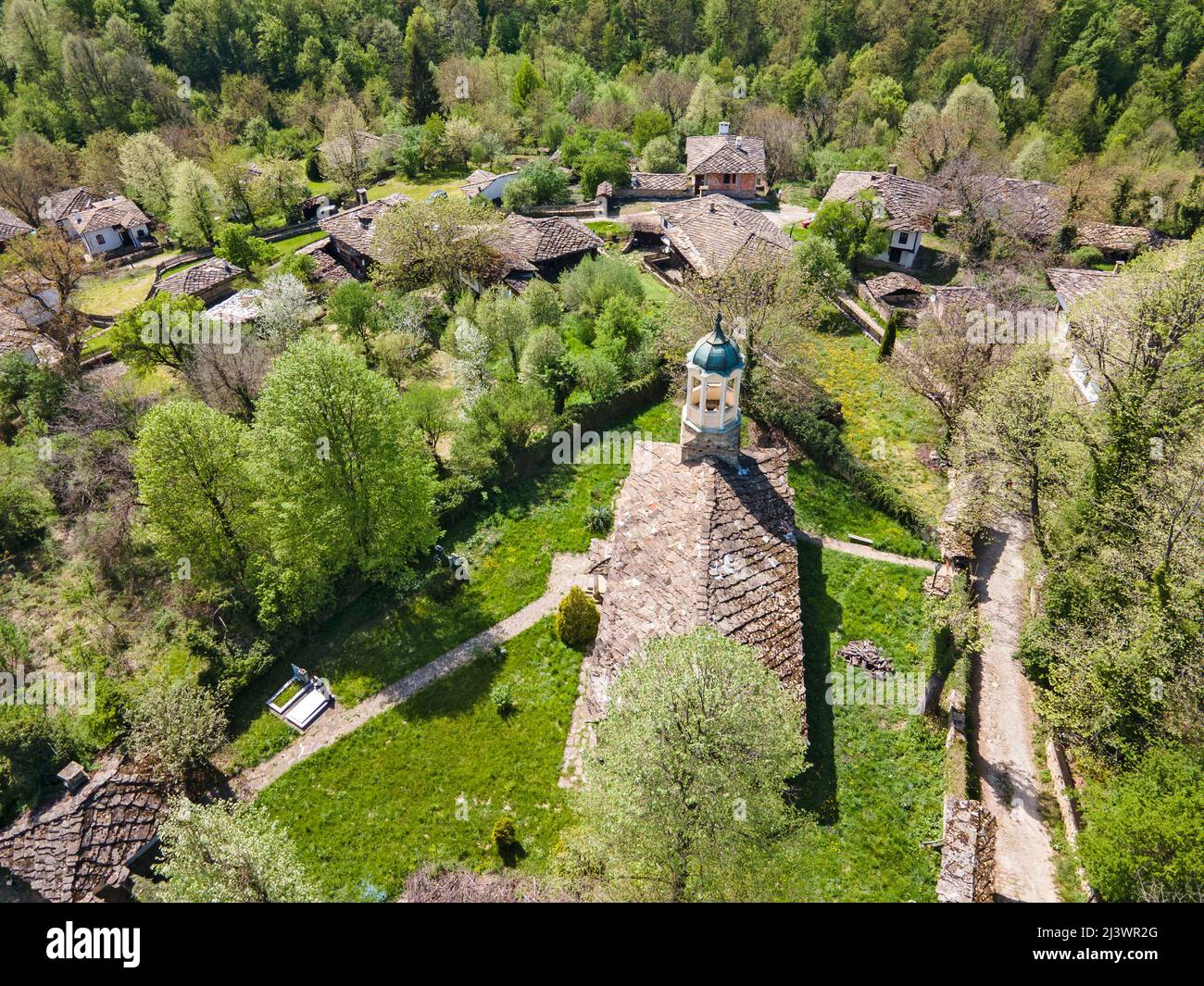 Aerial Spring view of village of Bozhentsi, Gabrovo region, Bulgaria ...