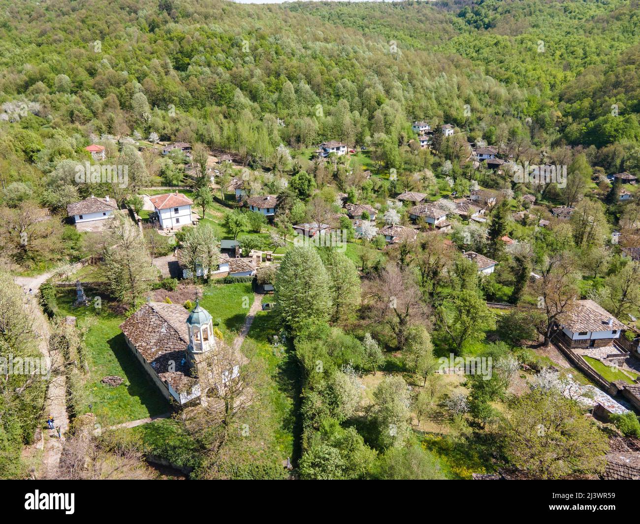 Aerial Spring view of village of Bozhentsi, Gabrovo region, Bulgaria ...