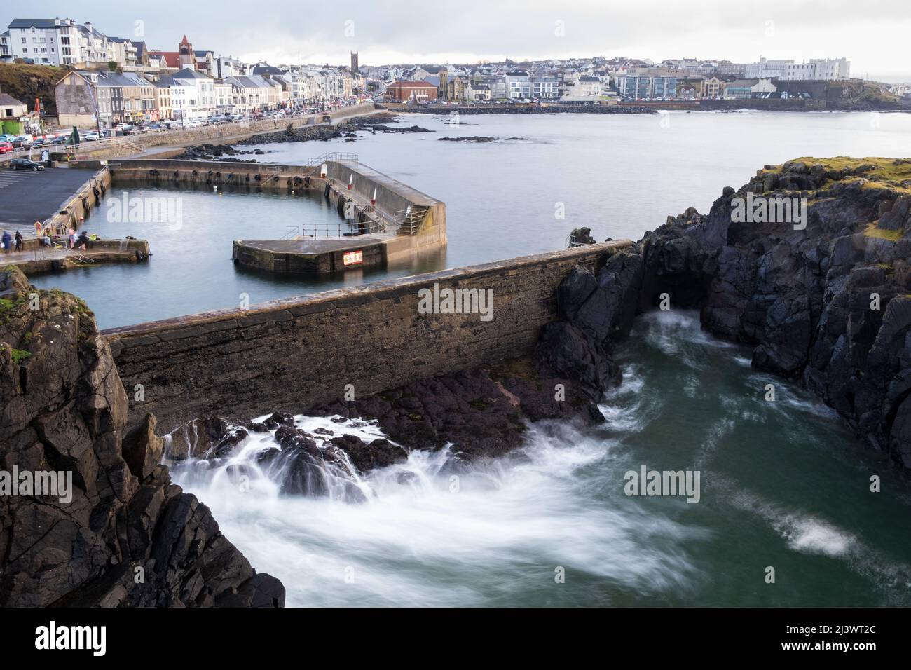 A view of the coastal defences, Portstewart Harbour and the coastal ...
